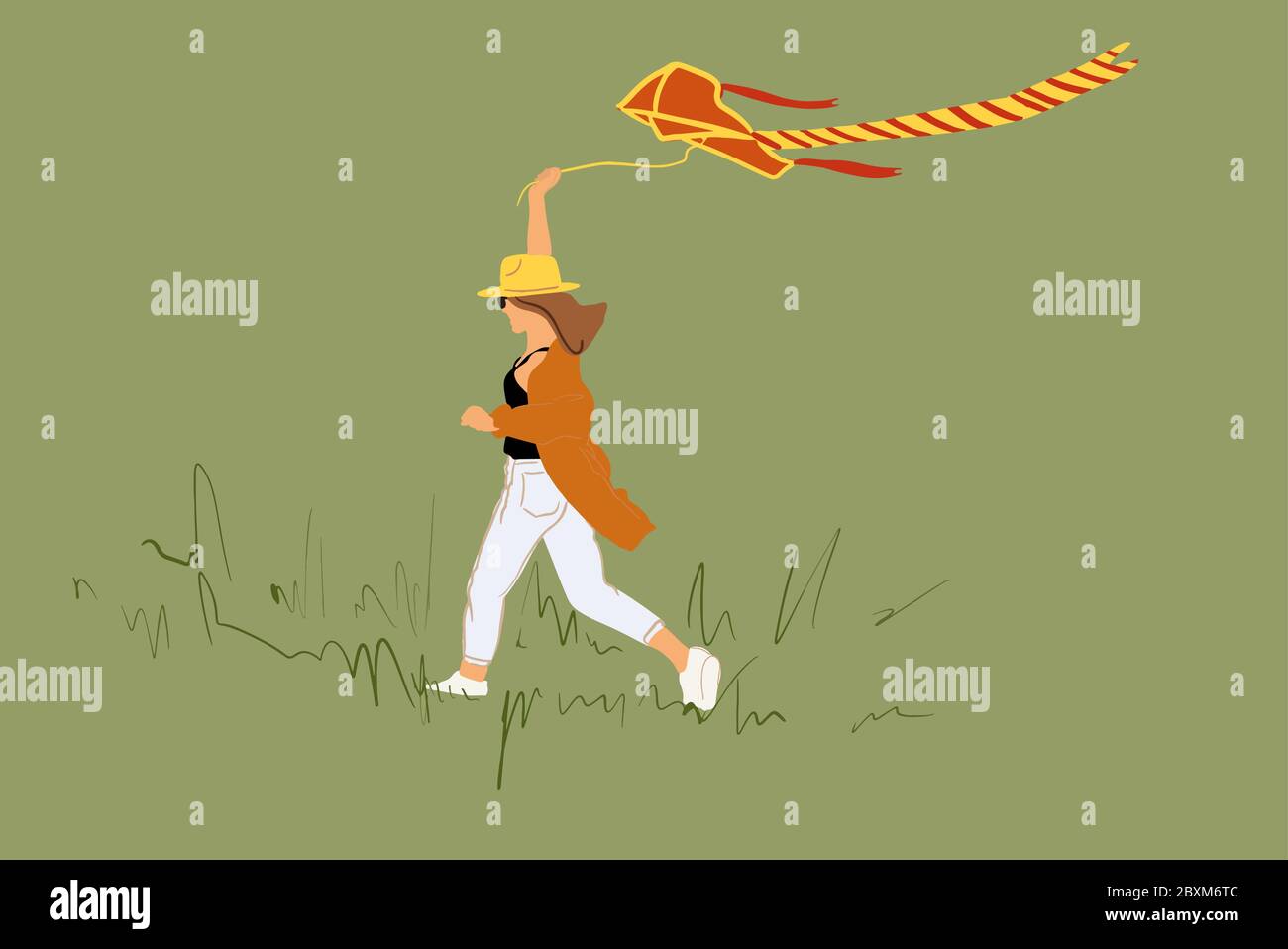 Young woman playing with kite on the greenfield. Vector illustration in ...