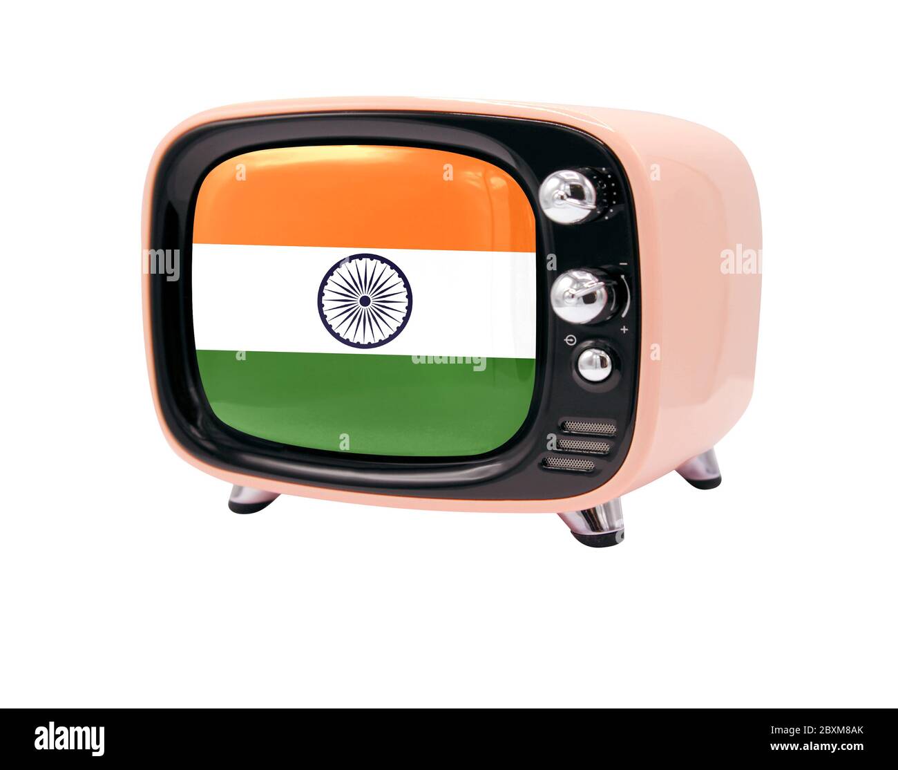 The retro old TV is isolated against a white background with the flag ...