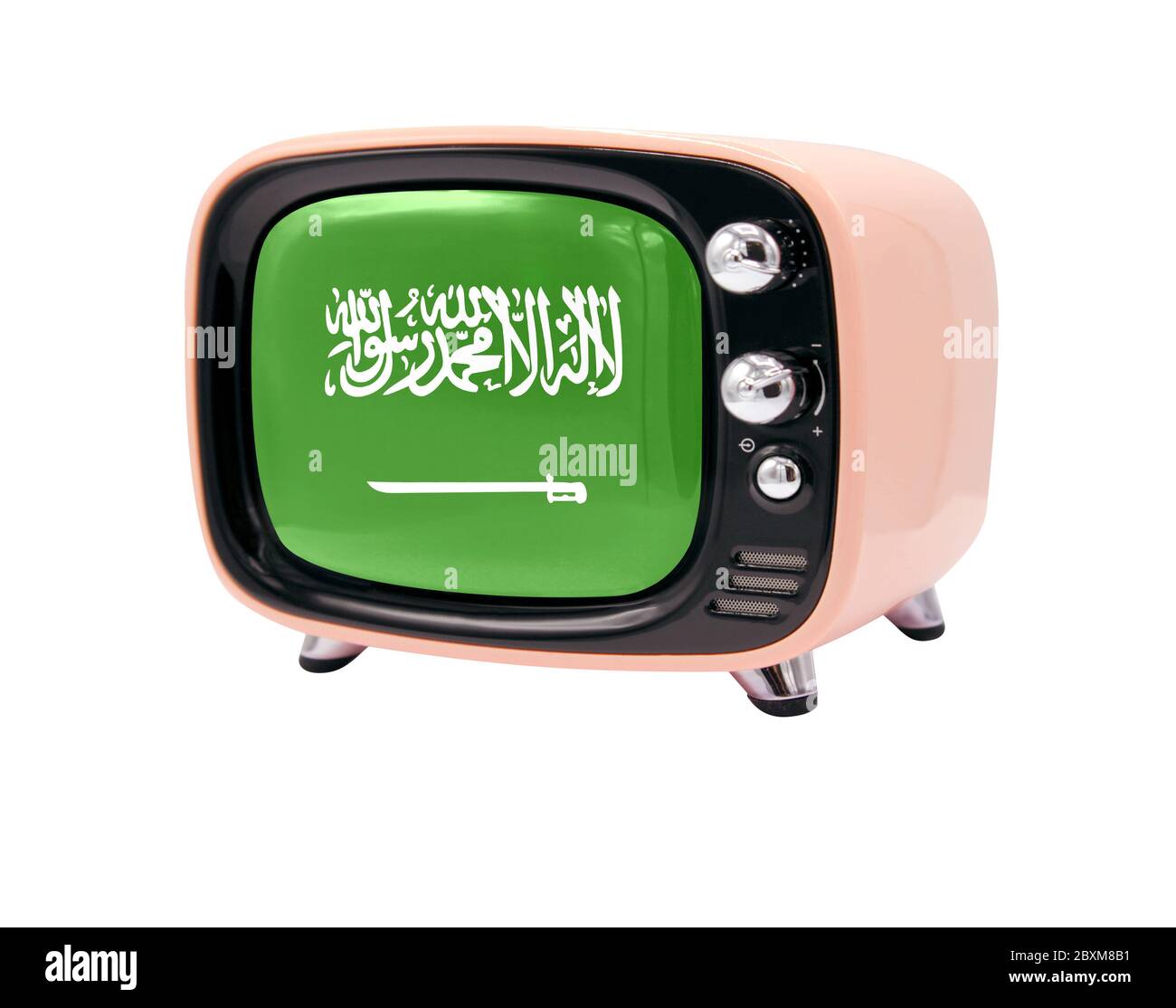 The retro old TV is isolated against a white background with the flag ...