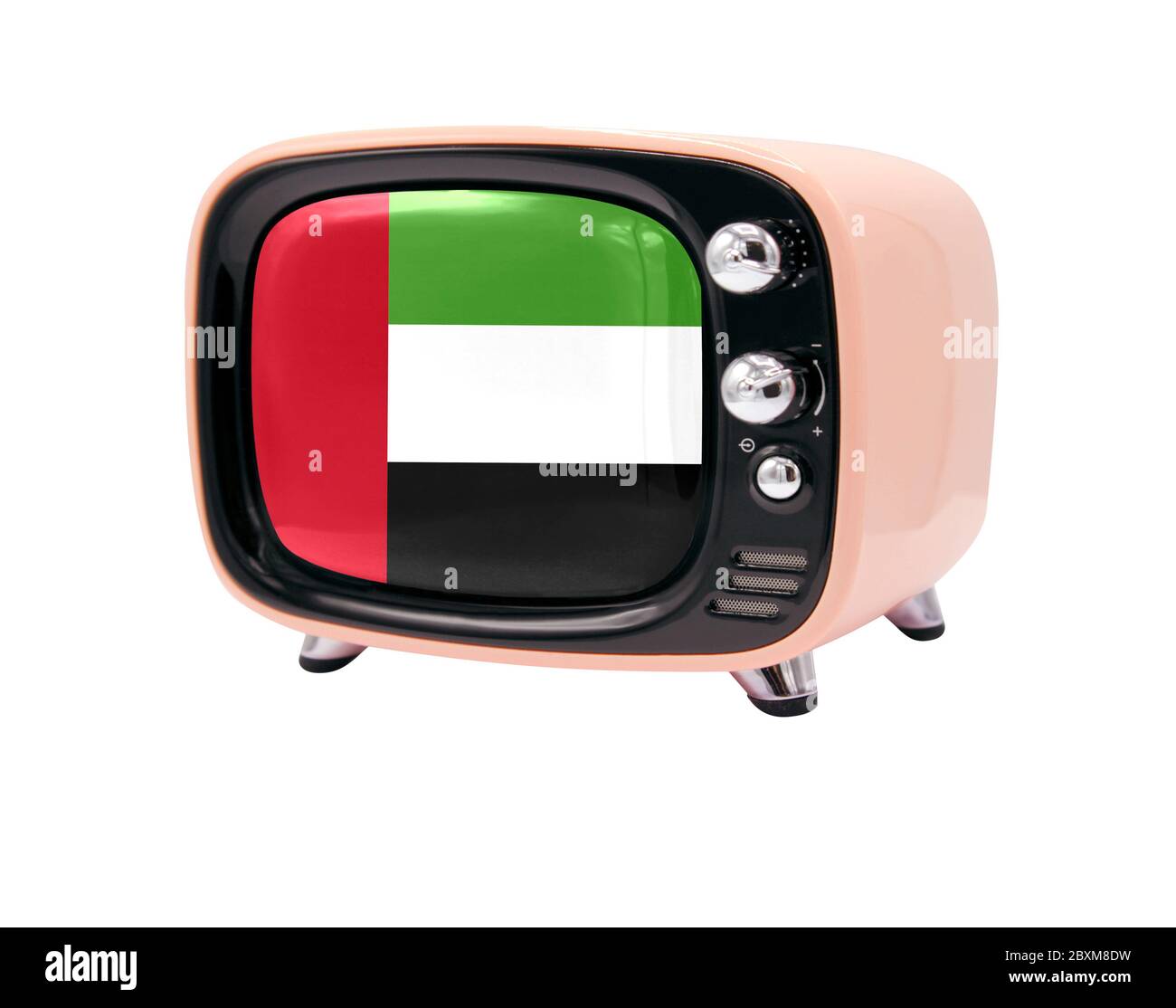 The retro old TV is isolated against a white background with the flag ...
