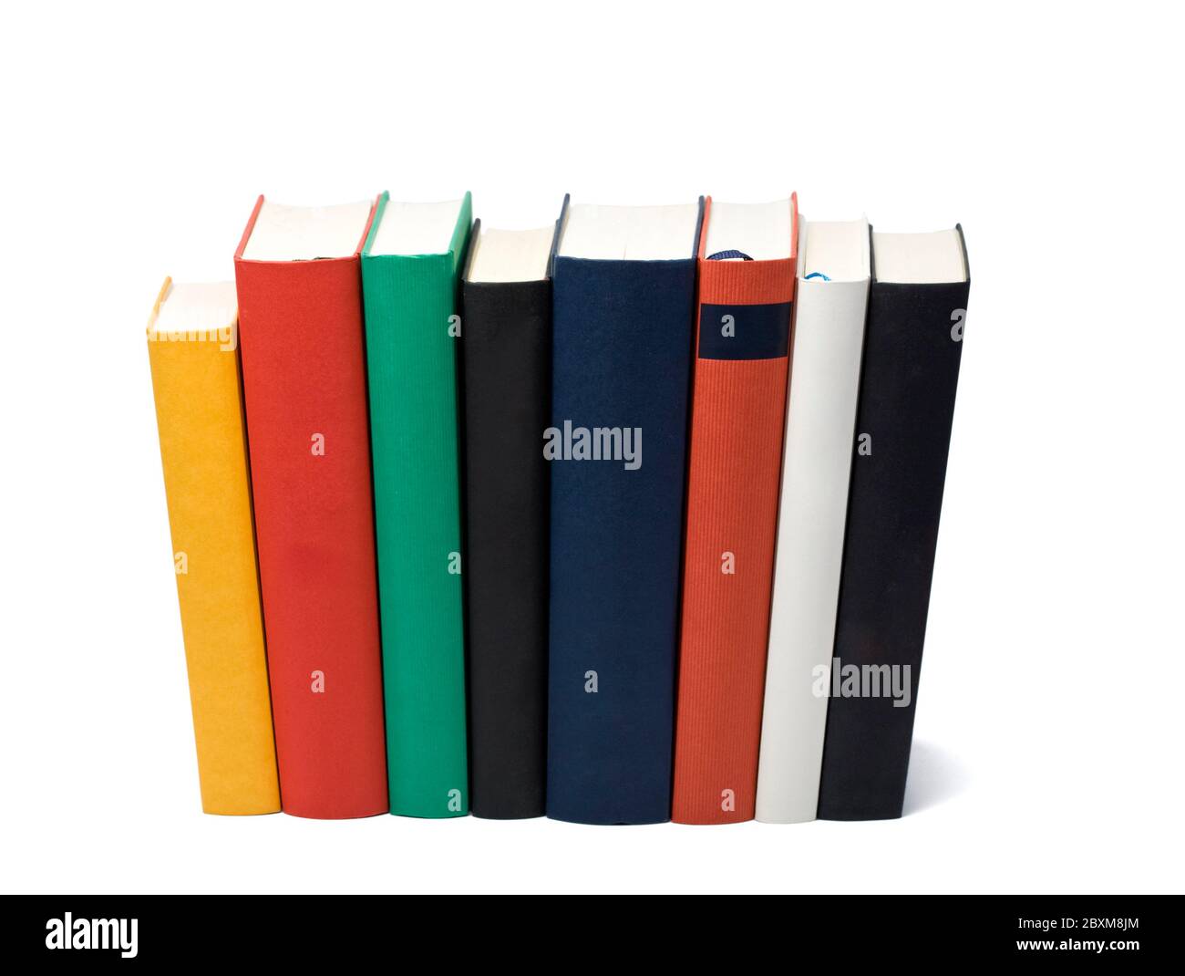 eight books in a row, skewed perspective backside high angle view Stock ...