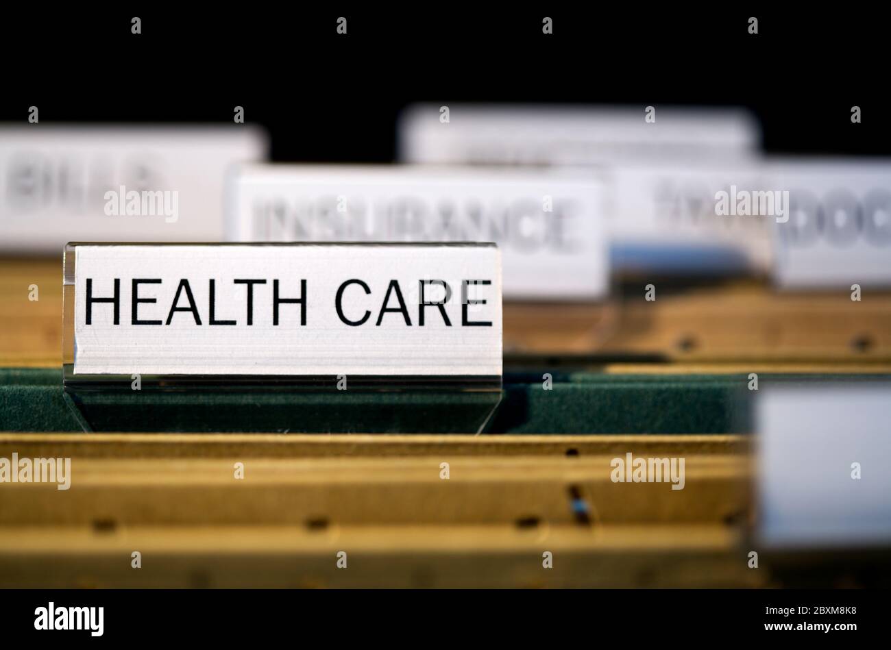 view inside filing cabinet with brown file folders, green folder with ...