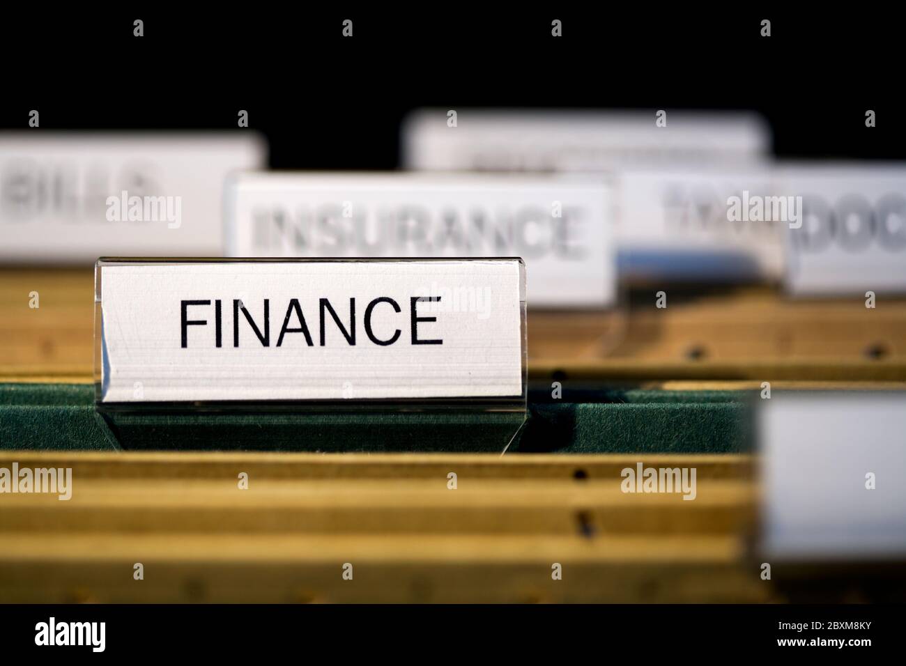 view inside filing cabinet with brown file folders, green folder with ...