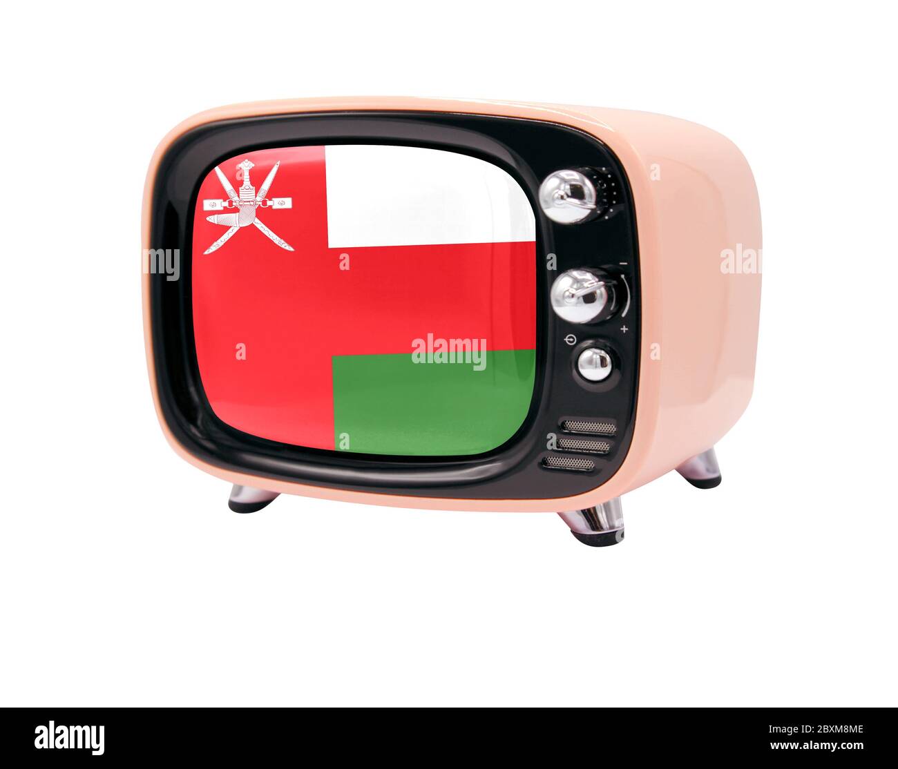 The retro old TV is isolated against a white background with the flag ...