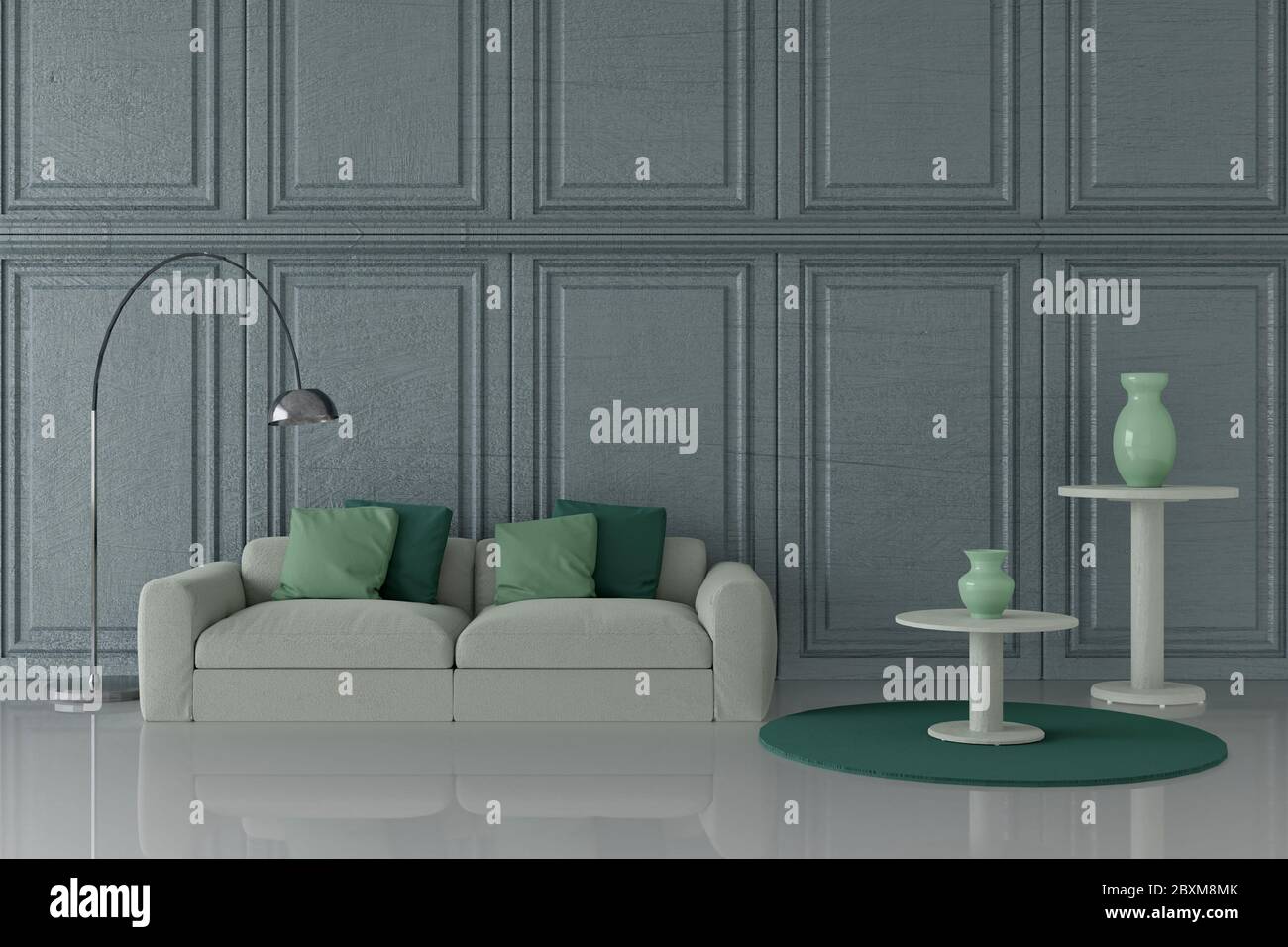 3D illustration. Home environment. Lounge with sofa, armchairs and ...