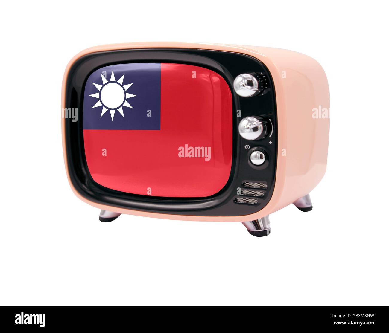 The retro old TV is isolated against a white background with the flag ...