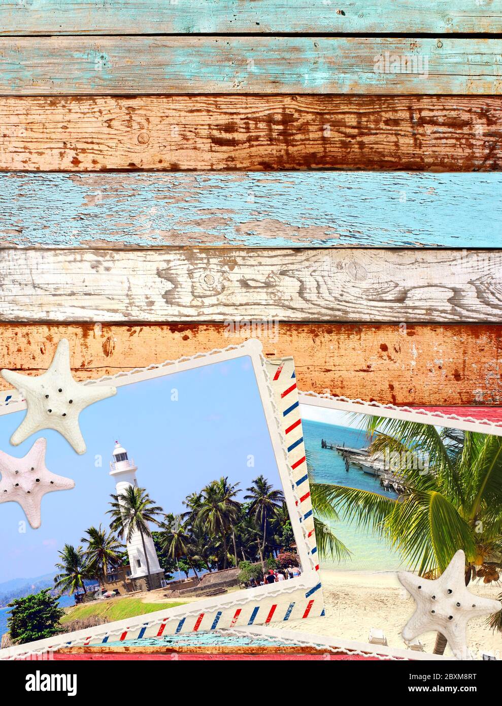 Vintage travel background with old wood planks texture, retro photos ...