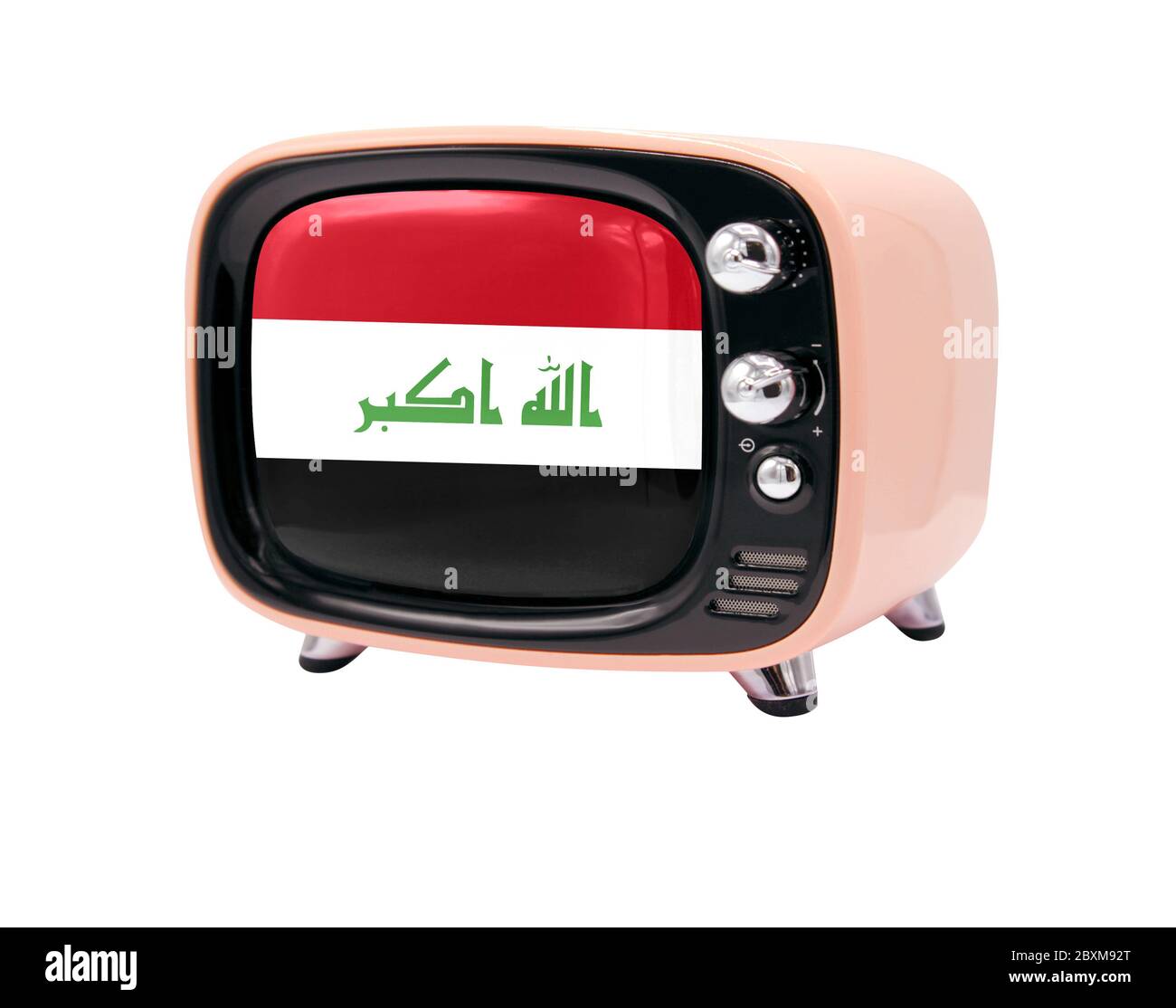 The retro old TV is isolated against a white background with the flag ...