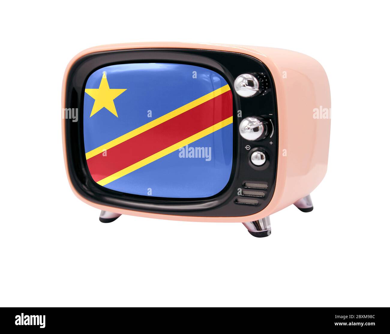 The retro old TV is isolated against a white background with the flag ...