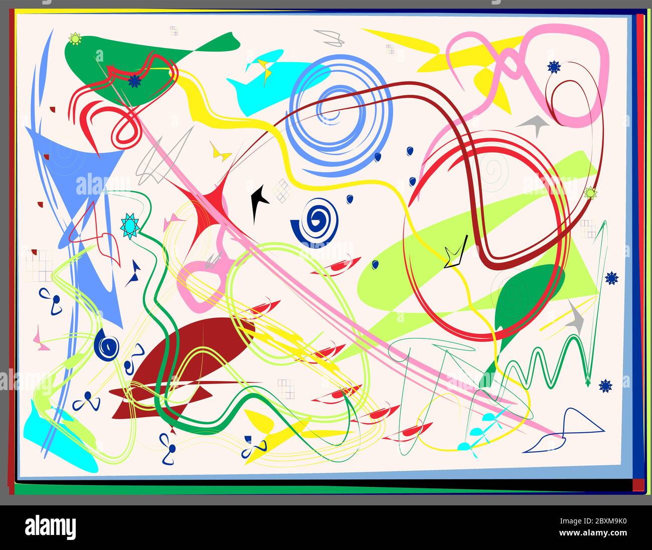 composition of abstract colorful shapes , green, red, black, on white ...