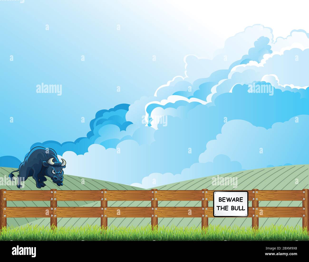 Beware the bull sign on wooden fence with angry looking bullock in ...