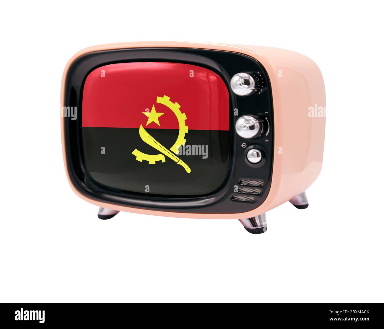 The retro old TV is isolated against a white background with the flag ...