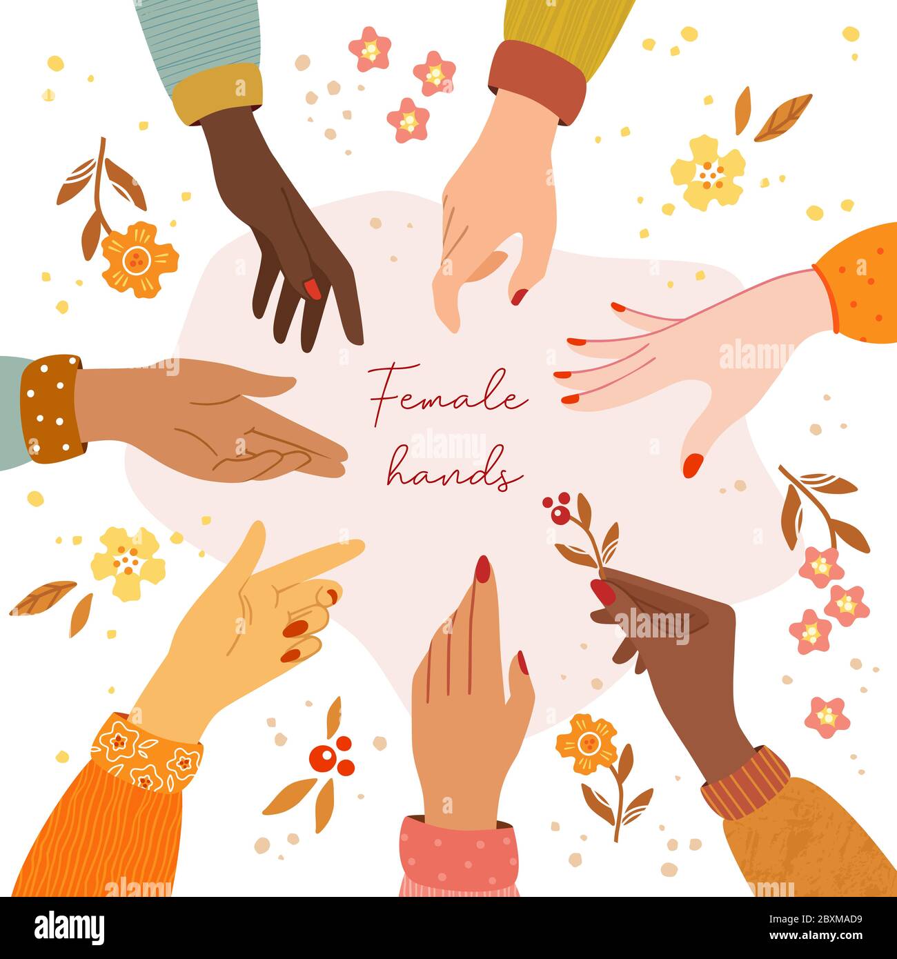 Circular template of vector womens hands of different races with ...