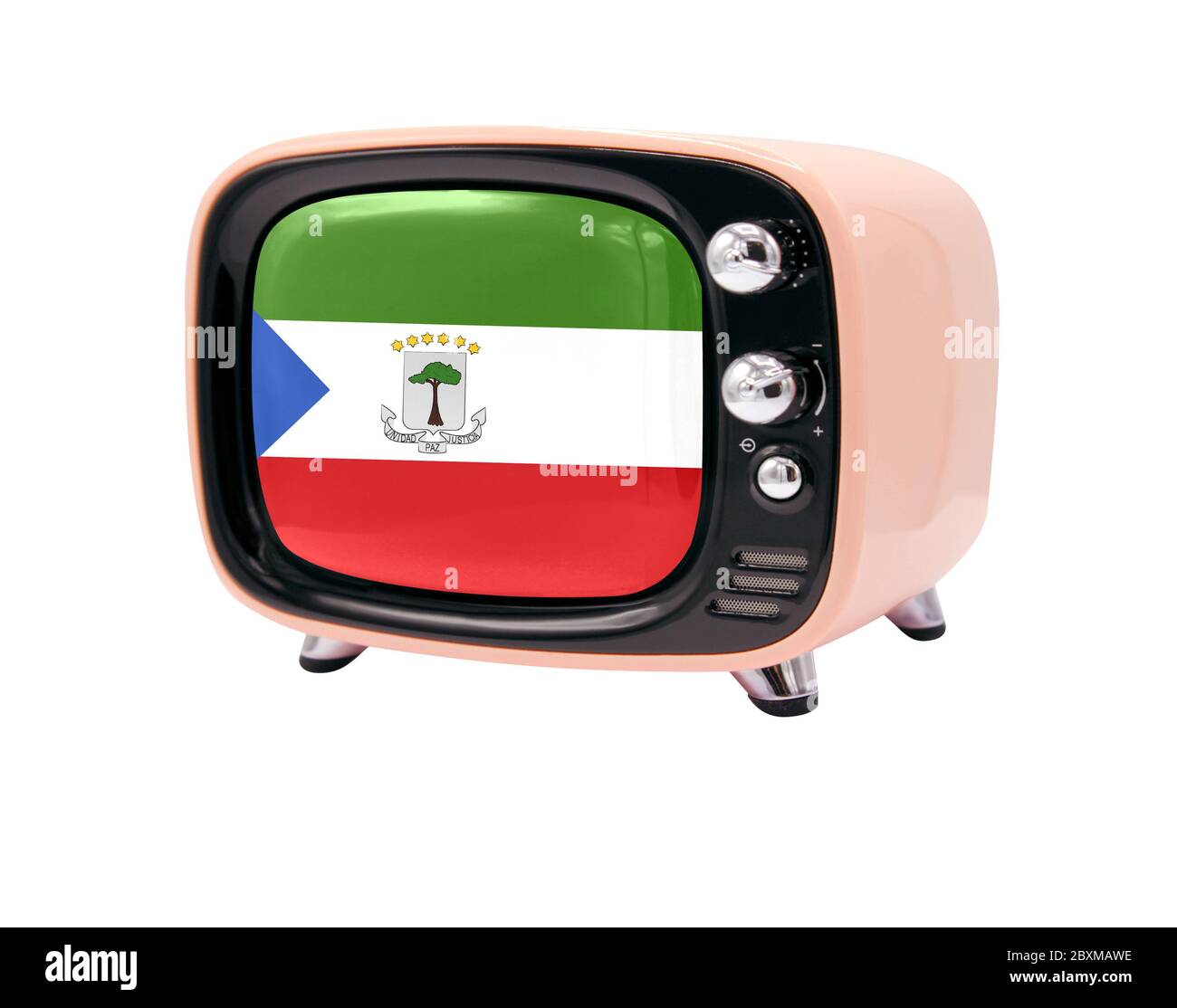 The retro old TV is isolated against a white background with the flag ...