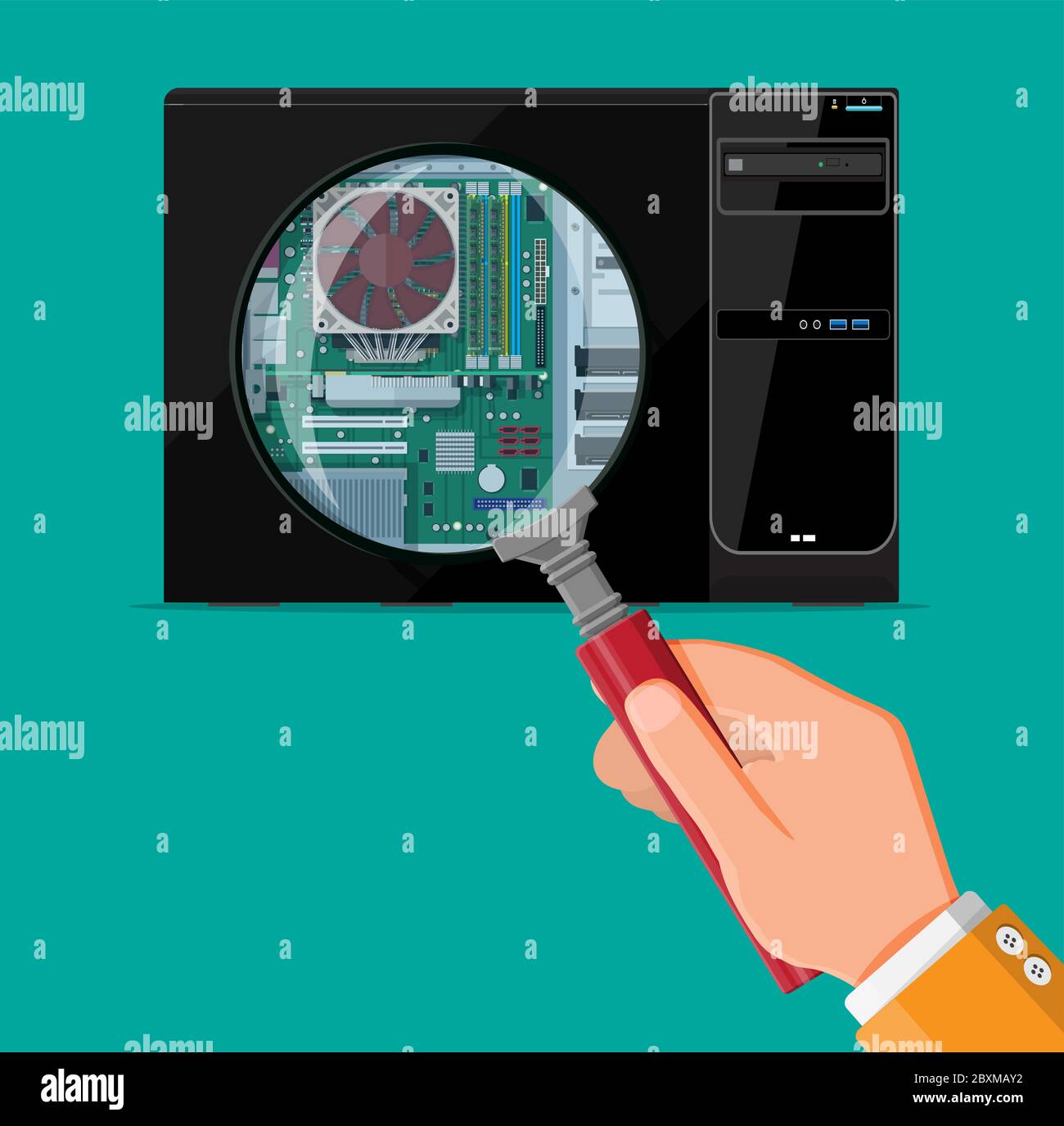 PC hardware concept. Hand magnifying glass, motherboard, hard drive ...