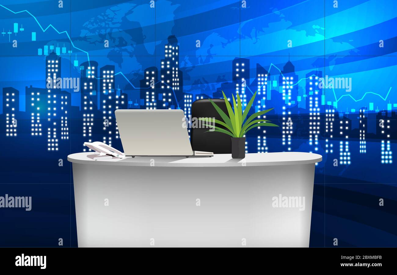 work desk in the office with city in the night background Stock Vector ...