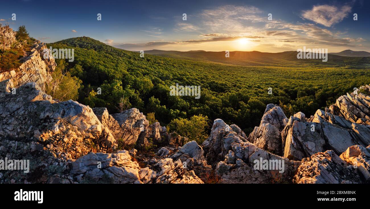 Sunset landscape panorame with spring forest - Tribec, Slovakia Stock ...