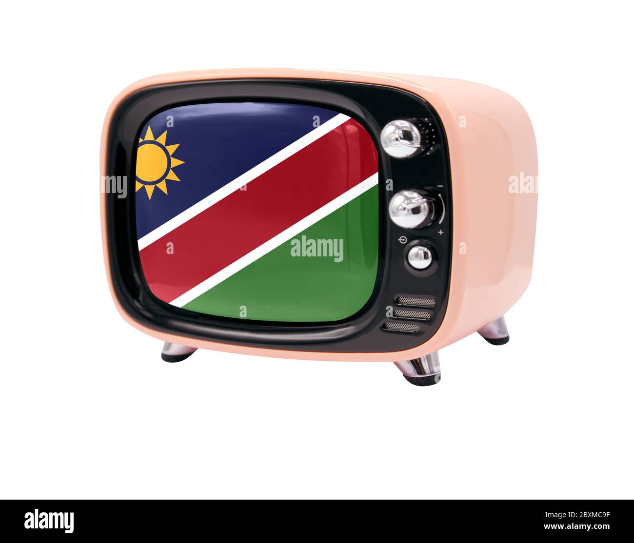 The retro old TV is isolated against a white background with the flag ...