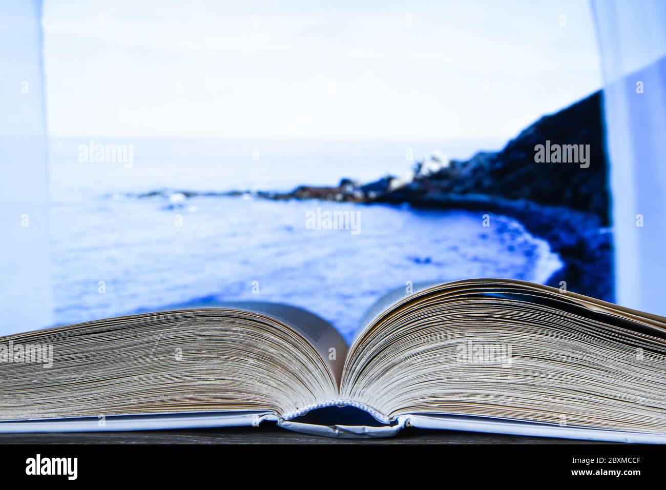 Closeup of a hardcover book open in the middle, Open book, window beach ...
