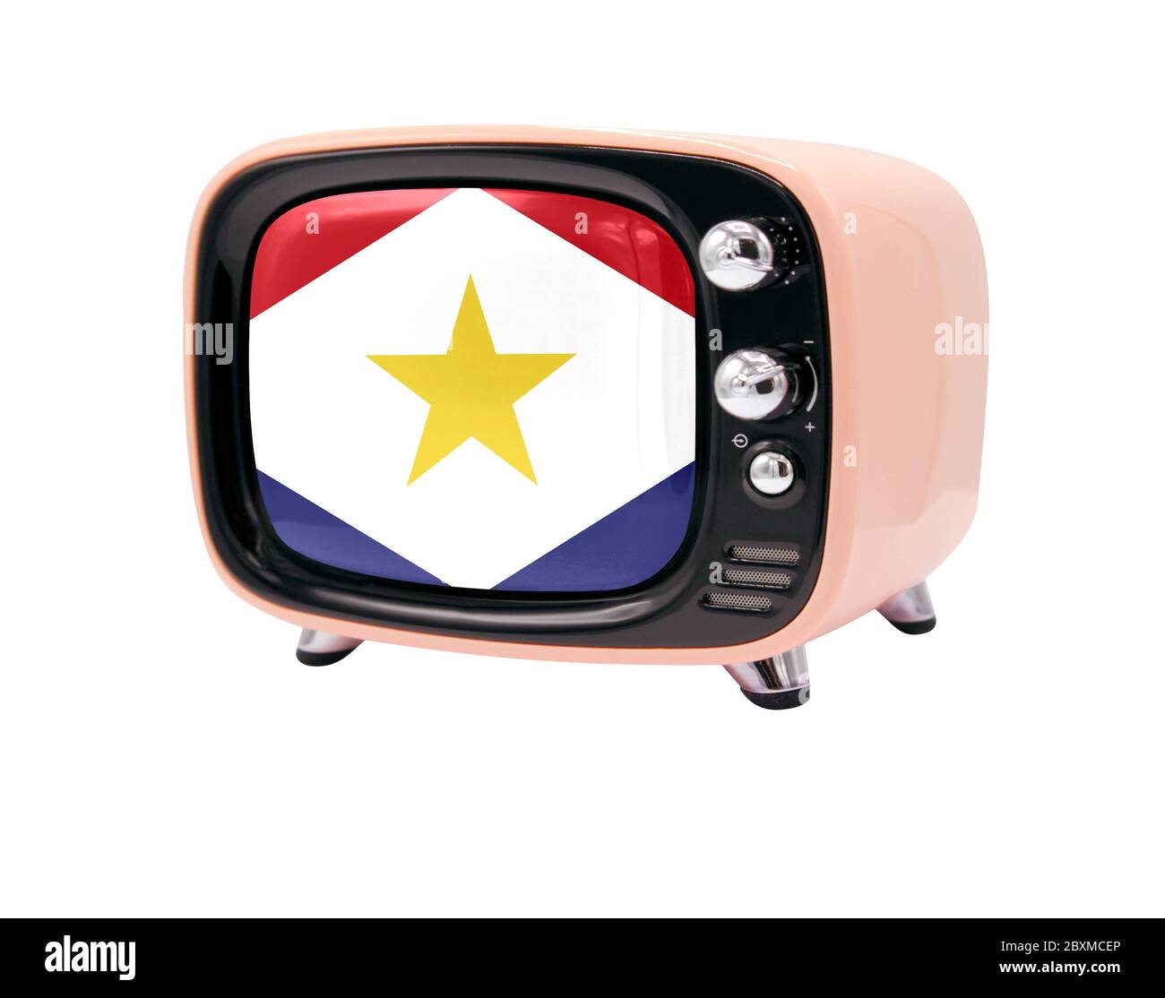 The retro old TV is isolated against a white background with the flag ...