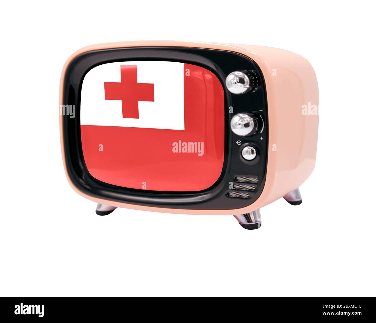 The retro old TV is isolated against a white background with the flag ...