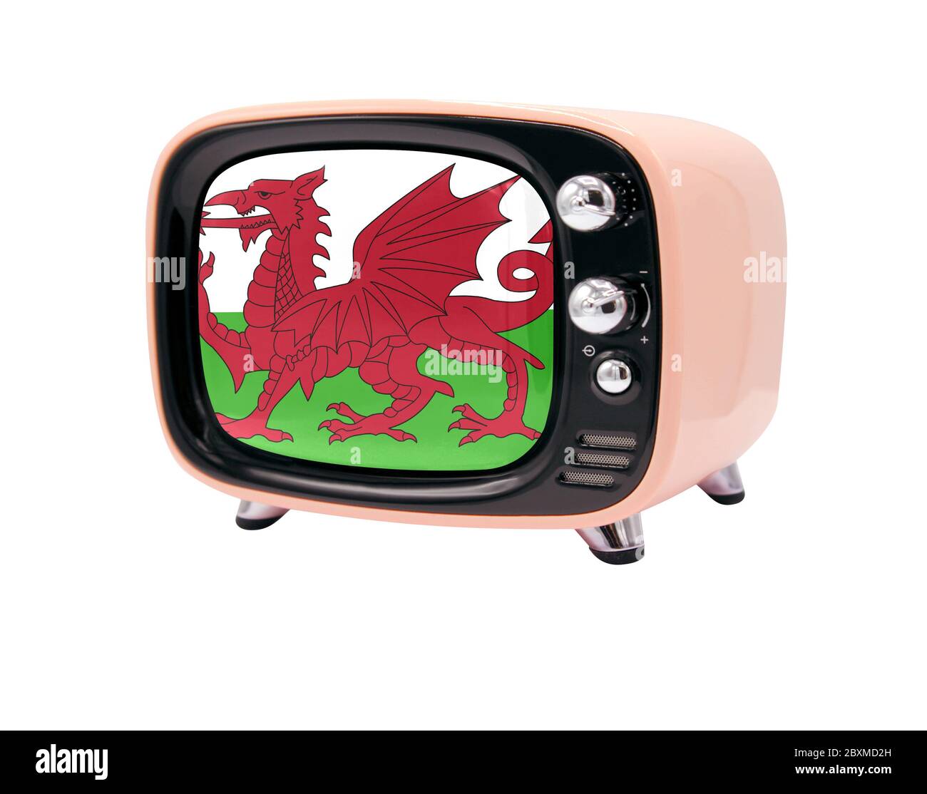 The retro old TV is isolated against a white background with the flag ...