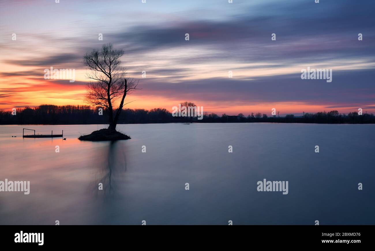 Landscape with lake and tree - sunrise reflection Stock Photo - Alamy