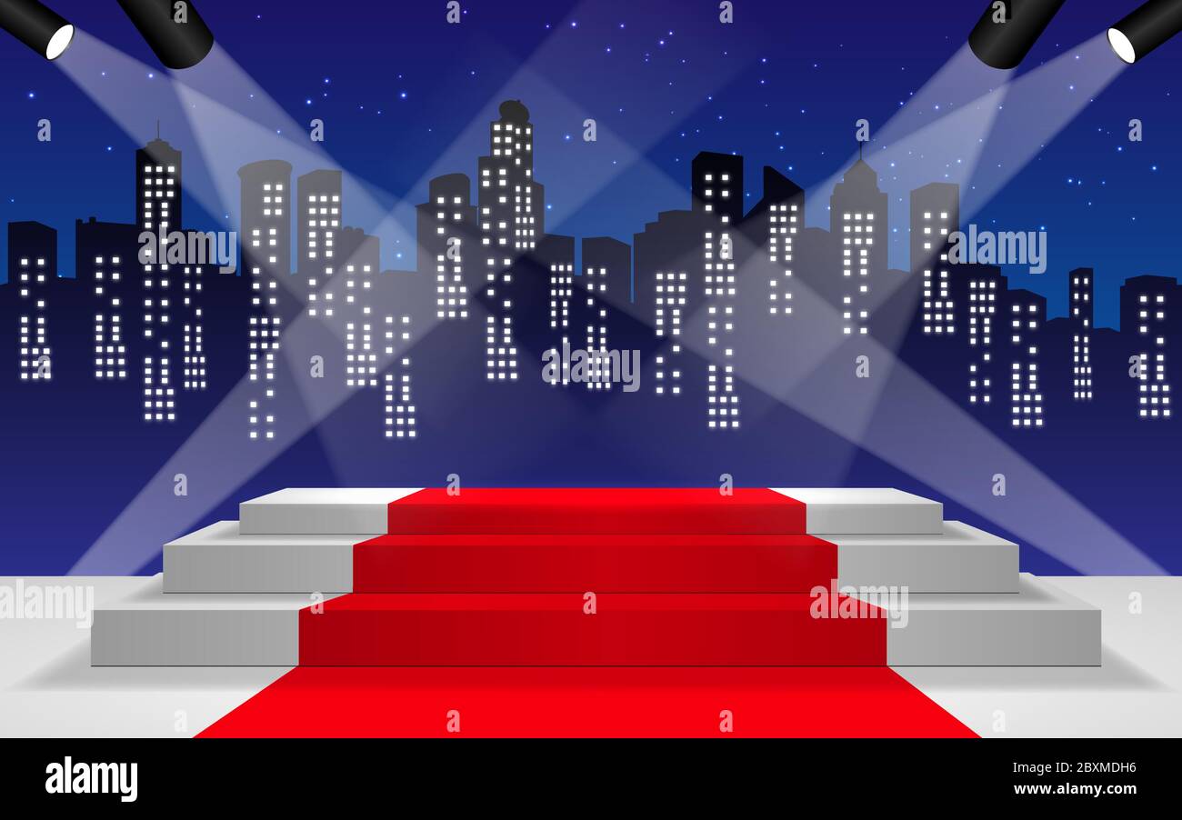 white stage and red curtain with city in the night background Stock ...