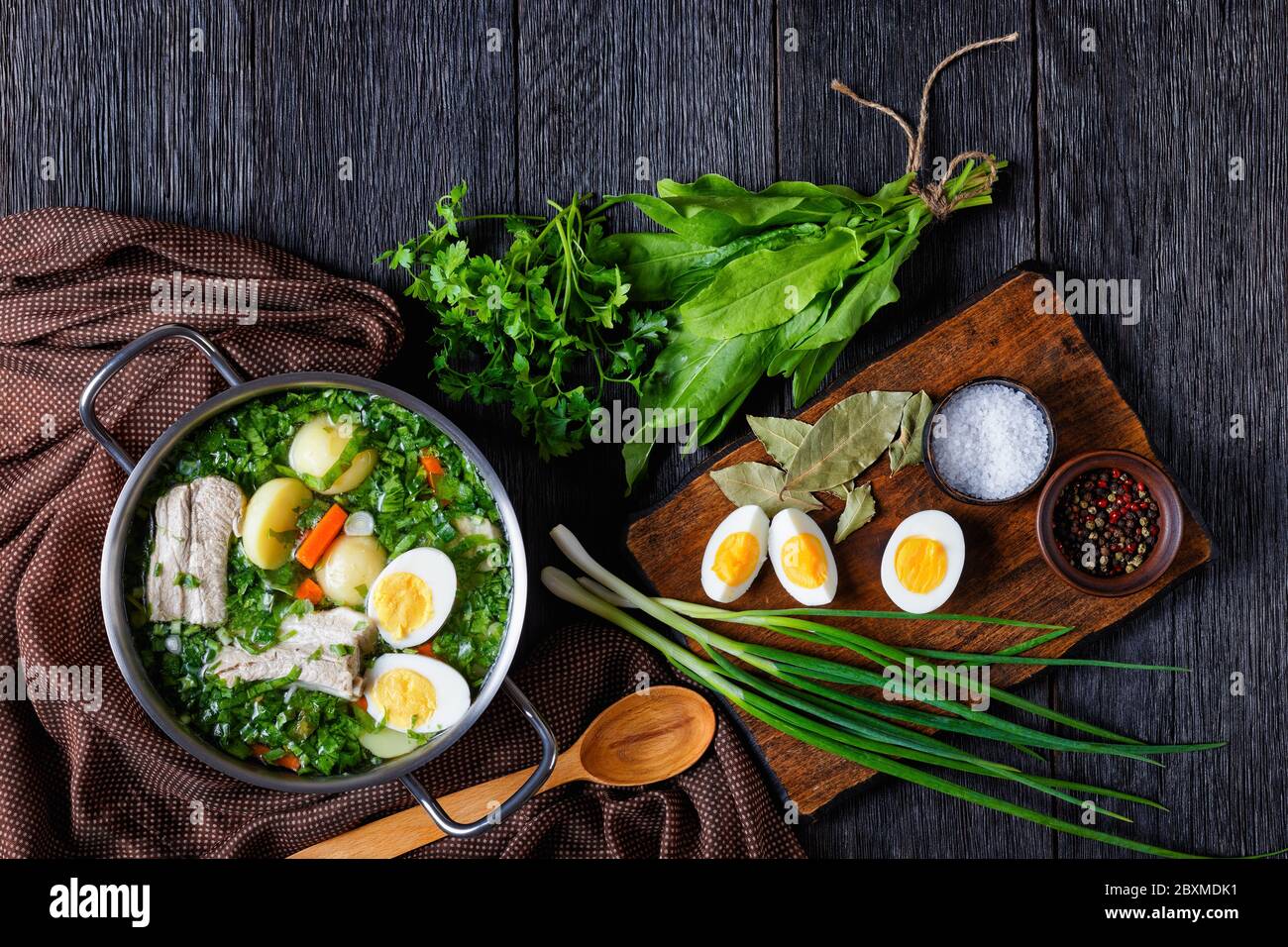 Main dish: green sorrel borscht of fresh sorrel, green onion with pork ...