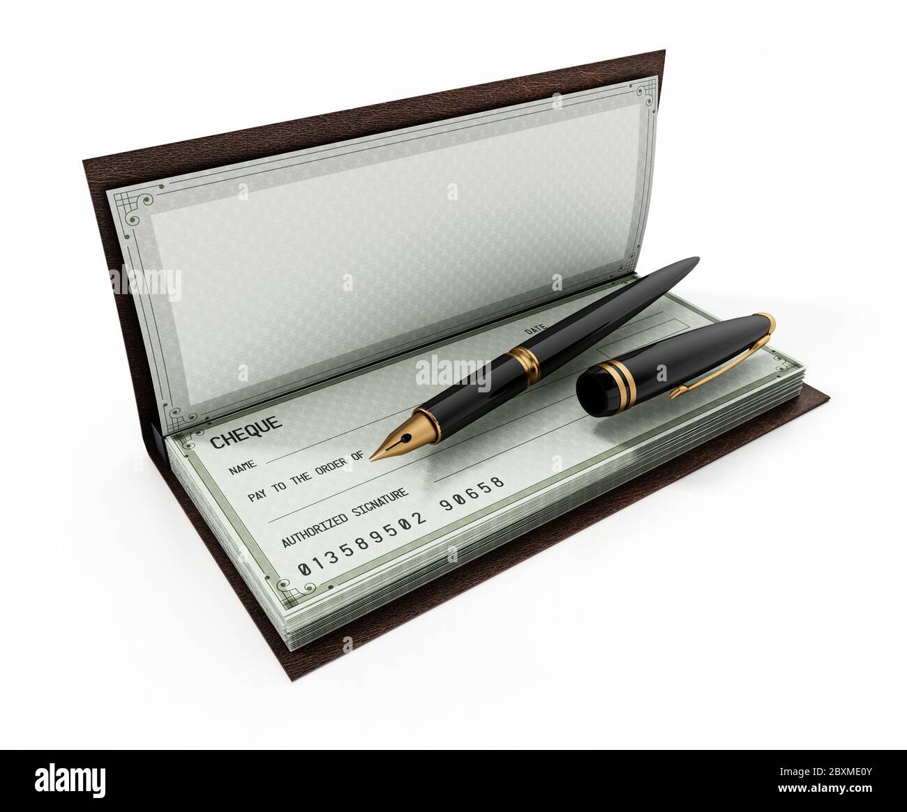 Cheque book and ink pen isolated on white background. 3D illustration ...