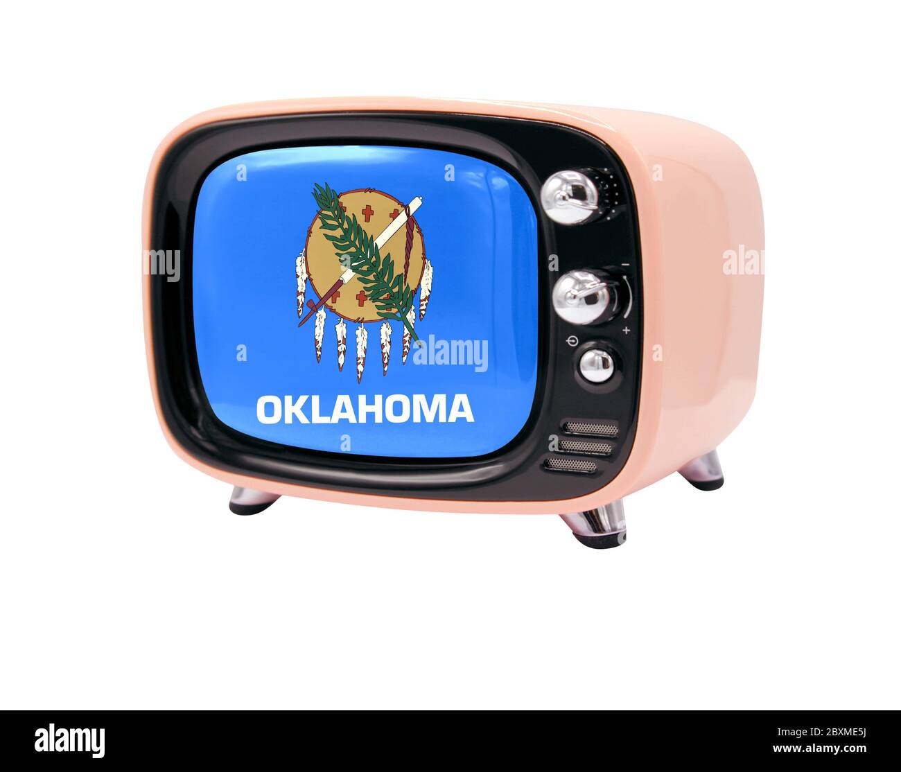 The retro old TV is isolated against a white background with the flag ...