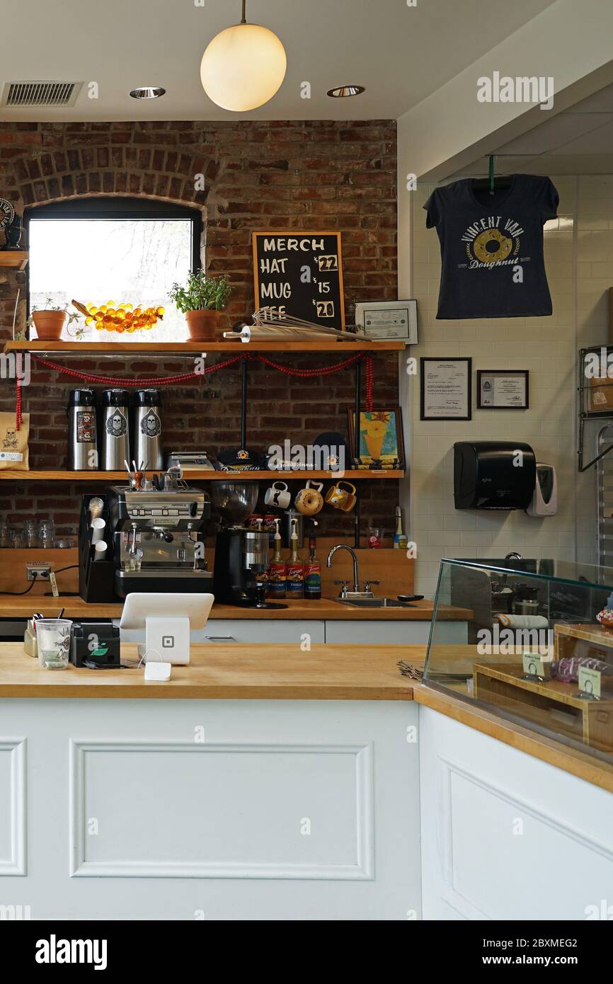 Interior design and decoration of local donut pastry bar and coffee ...