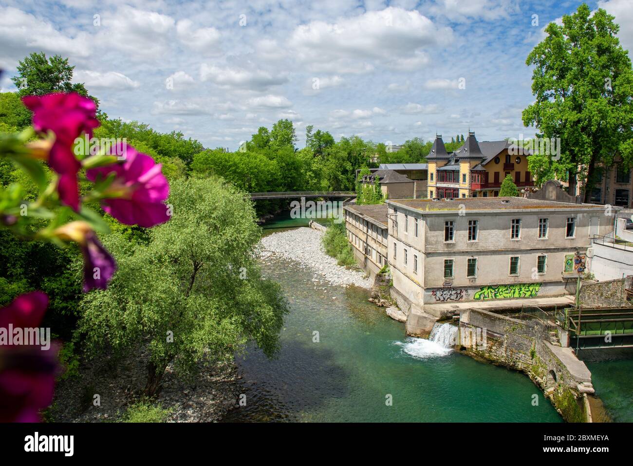 a French landscape in the country on the Oloron river. Oloron Sainte ...