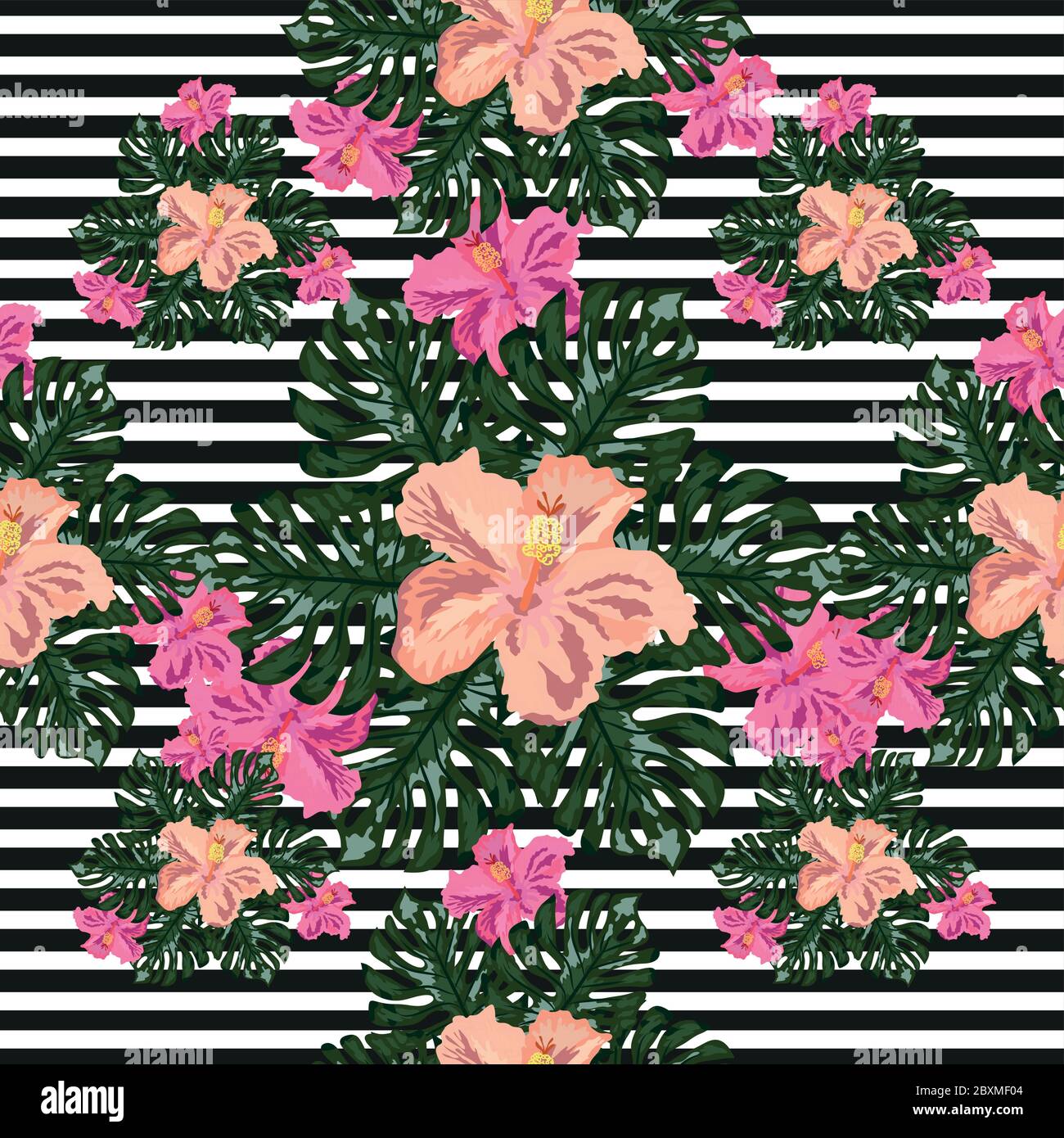 Exotic seamless pattern with tropical leaves and flowers on a black ...