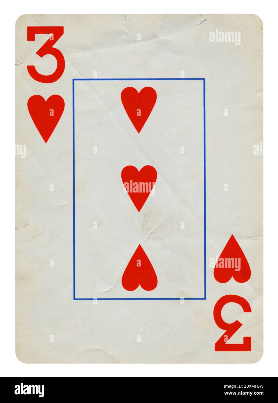 Three of Hearts Vintage playing card - isolated on white (clipping path ...