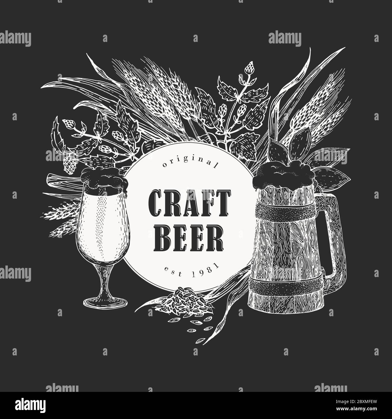 Vector beer design template. Hand drawn illustrations on chalk board ...