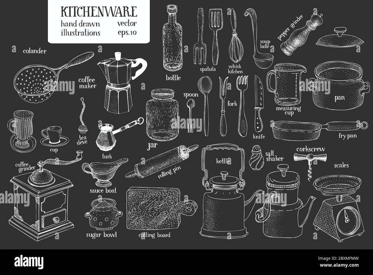 Hand drawn set of different kitchenware. Vector illustrations on chalk ...