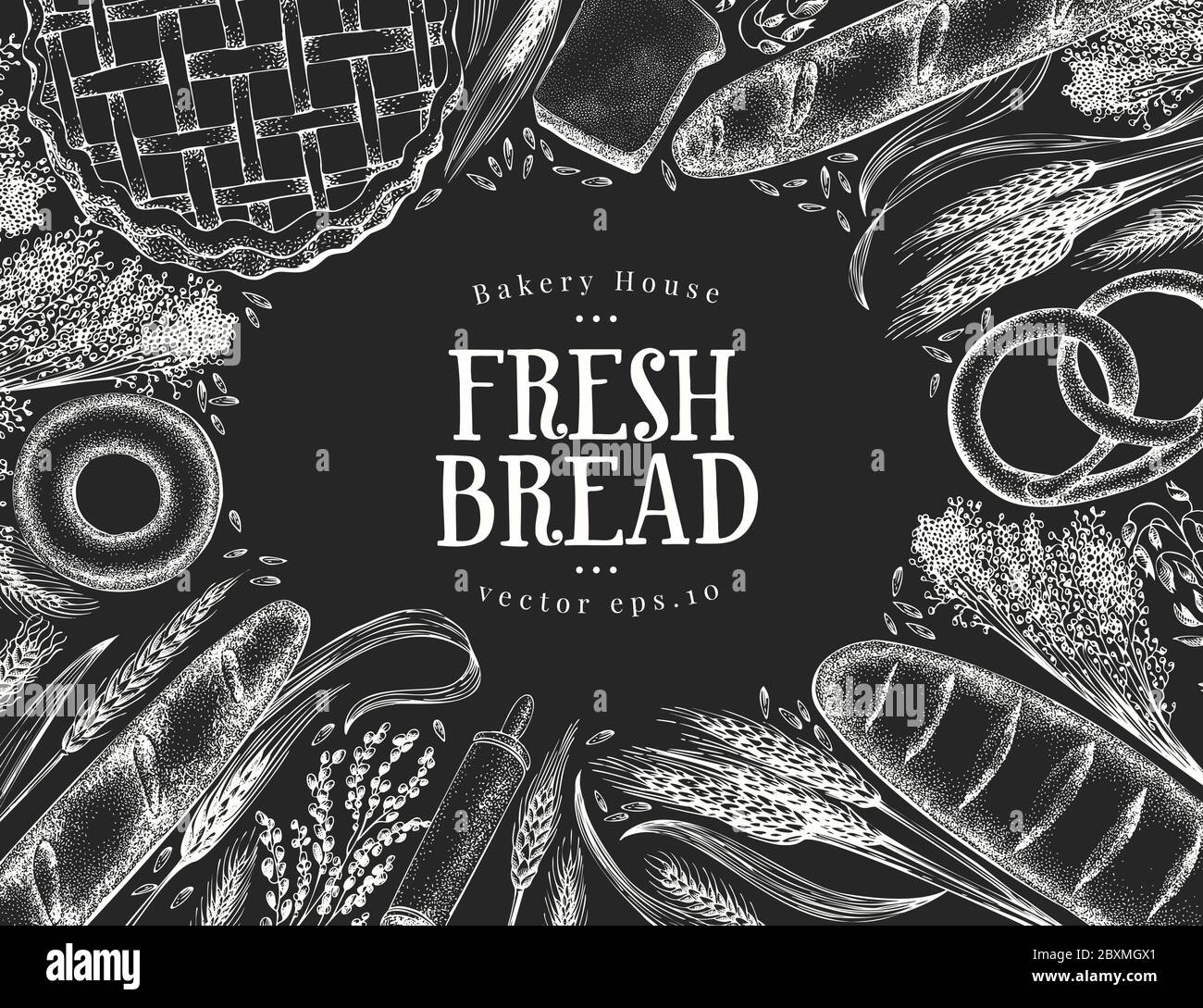 Hand drawn bakery design template. Vector bread illustrations on chalk ...
