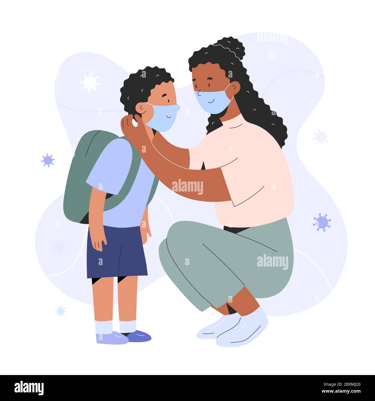 Mother putting on face mask on her child boy for protection against ...