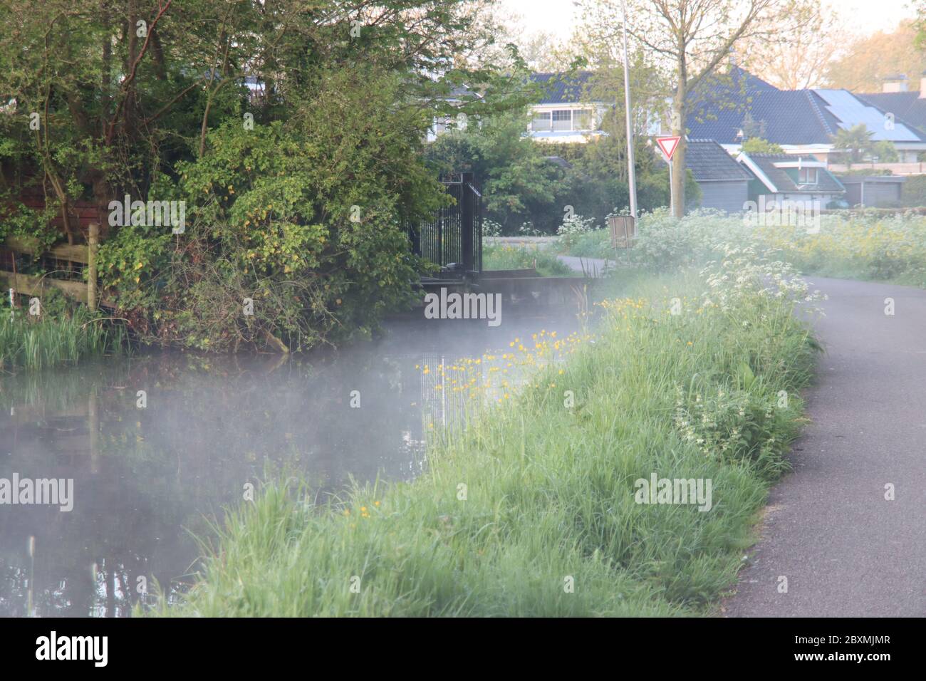 Morning mist over the meadows and ditches at the mound of the old ...
