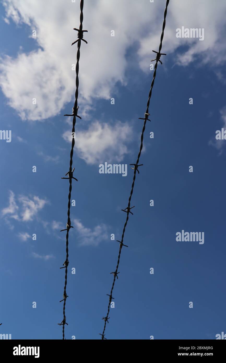 Two lines of barbed wire stretched to ward off intruders with the blue ...