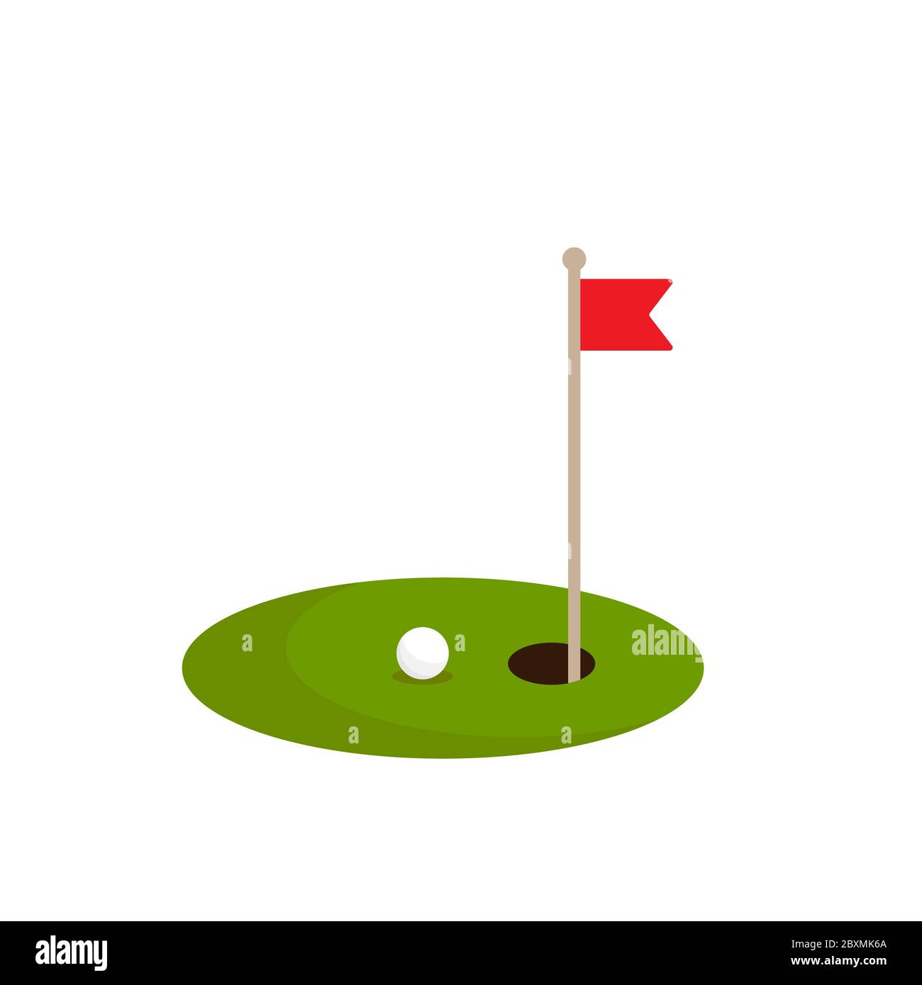 golf ball on green grass and hole with red flag. Isolated on white ...