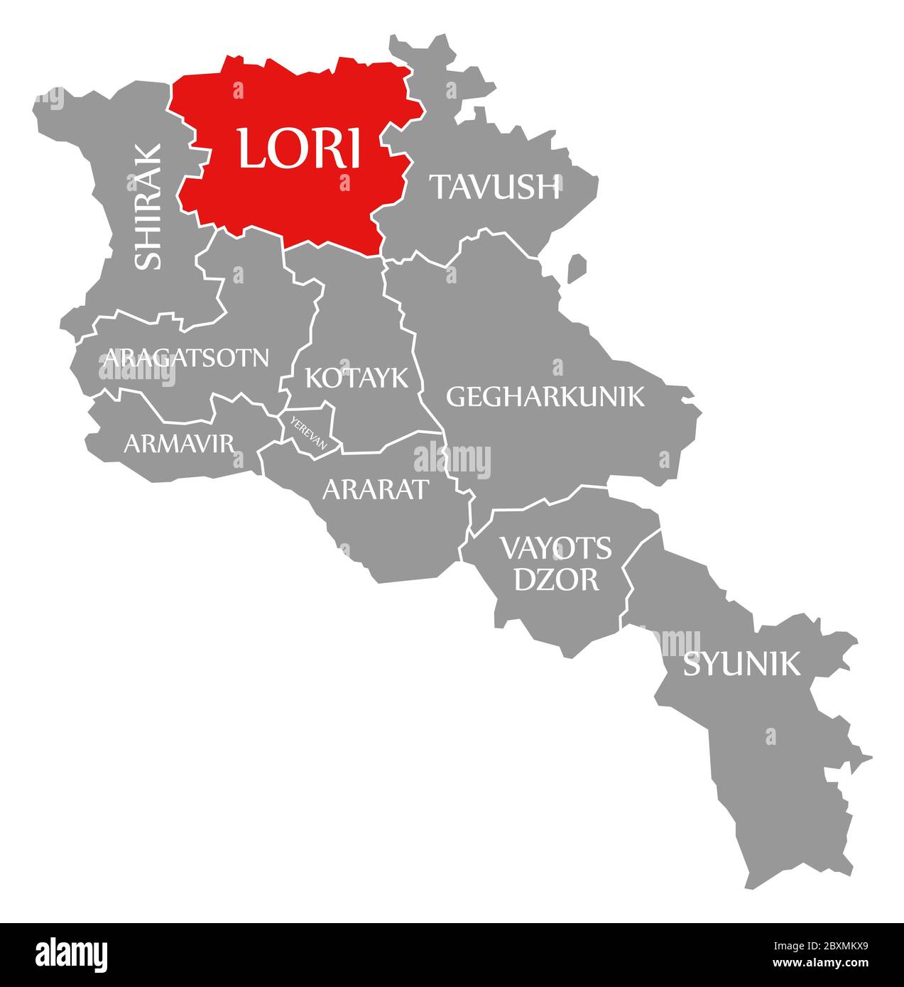 Lori red highlighted in map of Armenia Stock Photo - Alamy