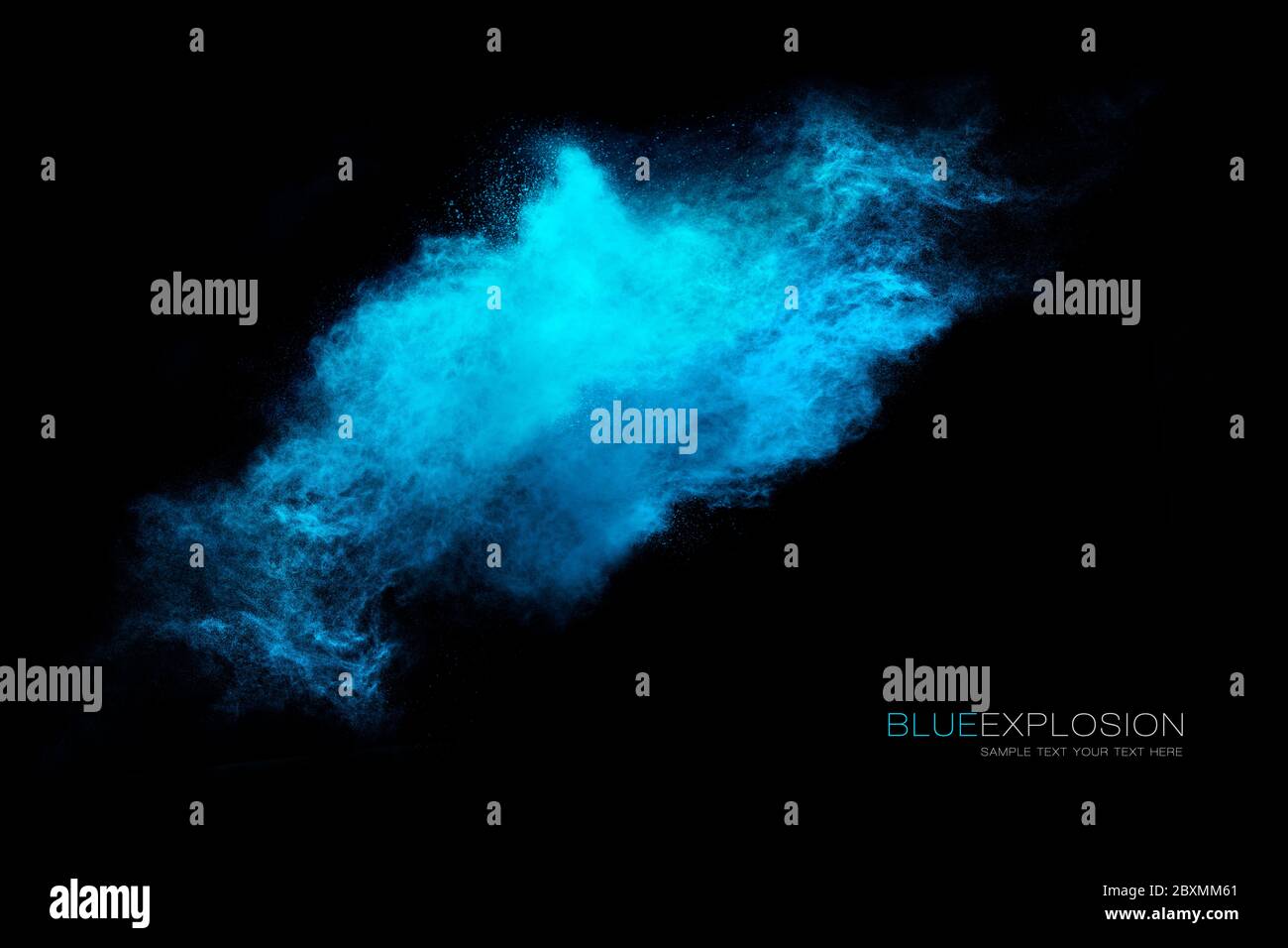 Blue dust particle explosion resembling snow or water over black ...