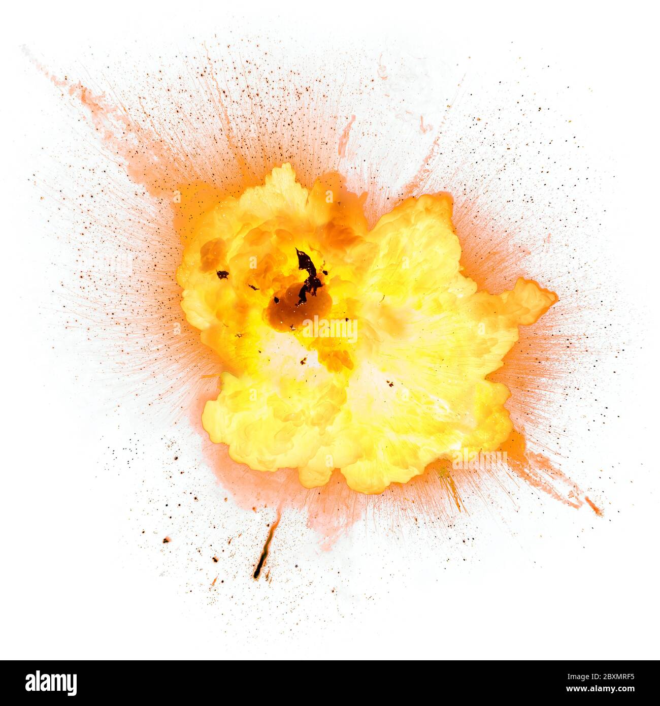 Extremely hot fiery explosion with sparks and smoke, against white ...