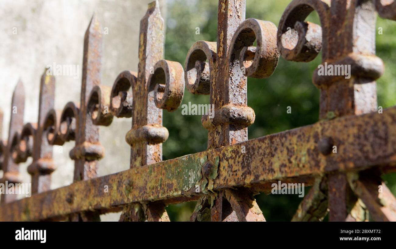 A rusted, decorated, wrought iron fence. Detail of an old retro iron ...