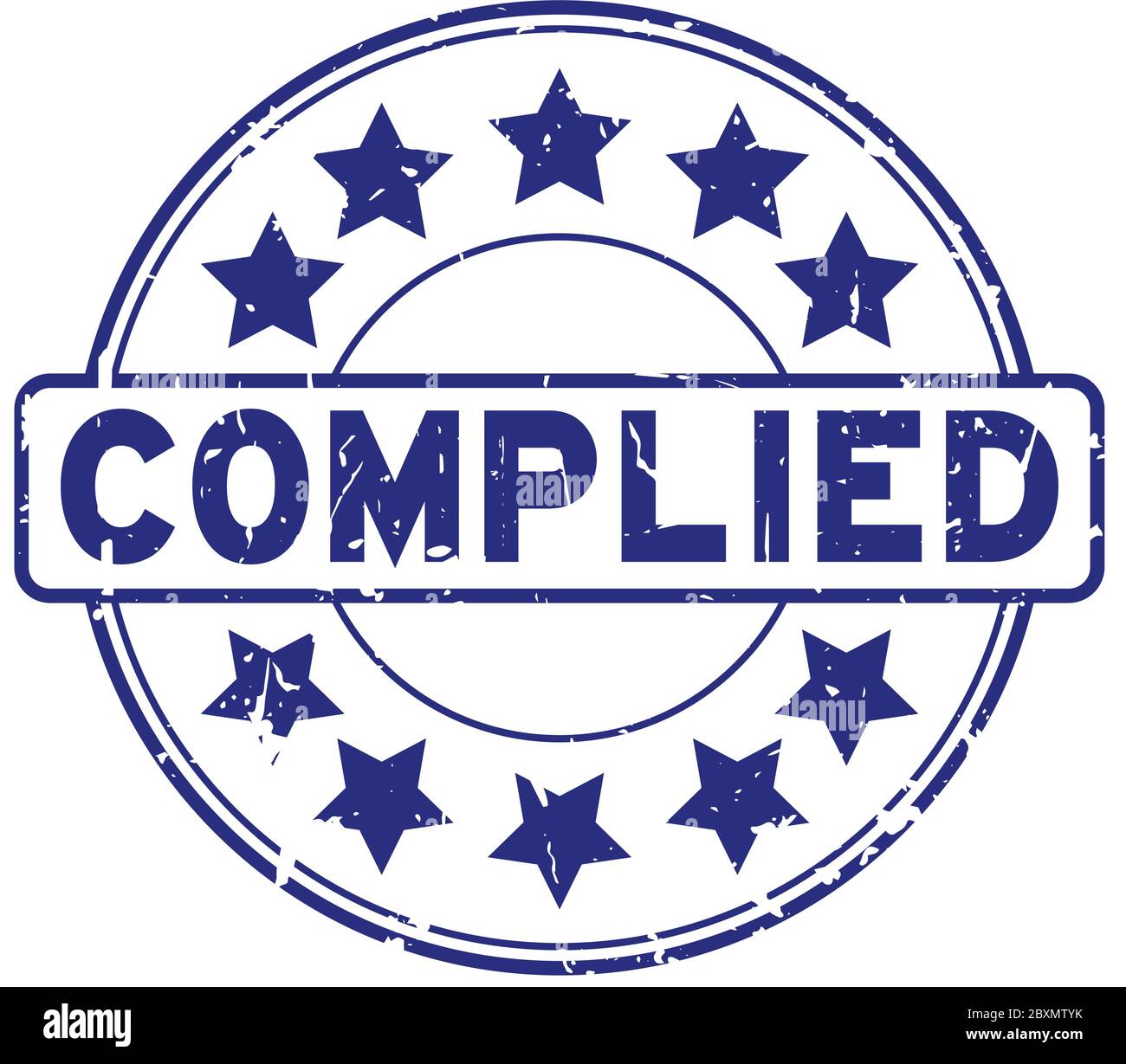 Grunge blue complied wording with star icon round rubber seal stamp on white background Stock ...