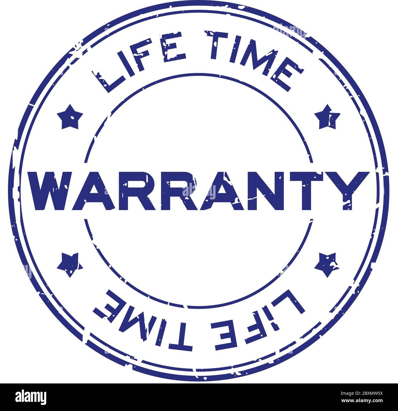 Grunge blue warranty life time round rubber seal stamp on white ...