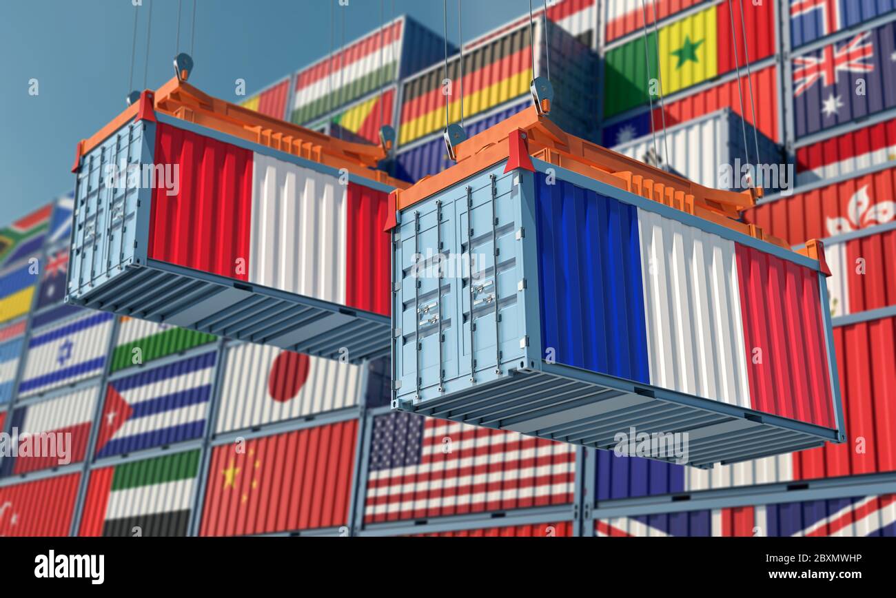 Freight containers on a Terminal with Peru and France flag. 3D ...