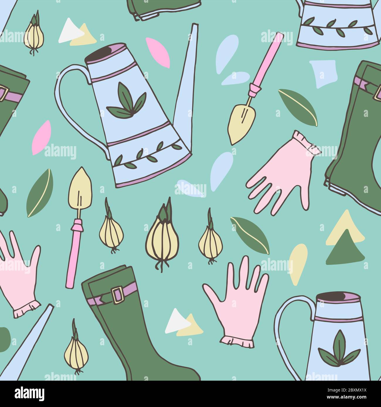Seamless pattern with garden tools, green background, fabric design ...